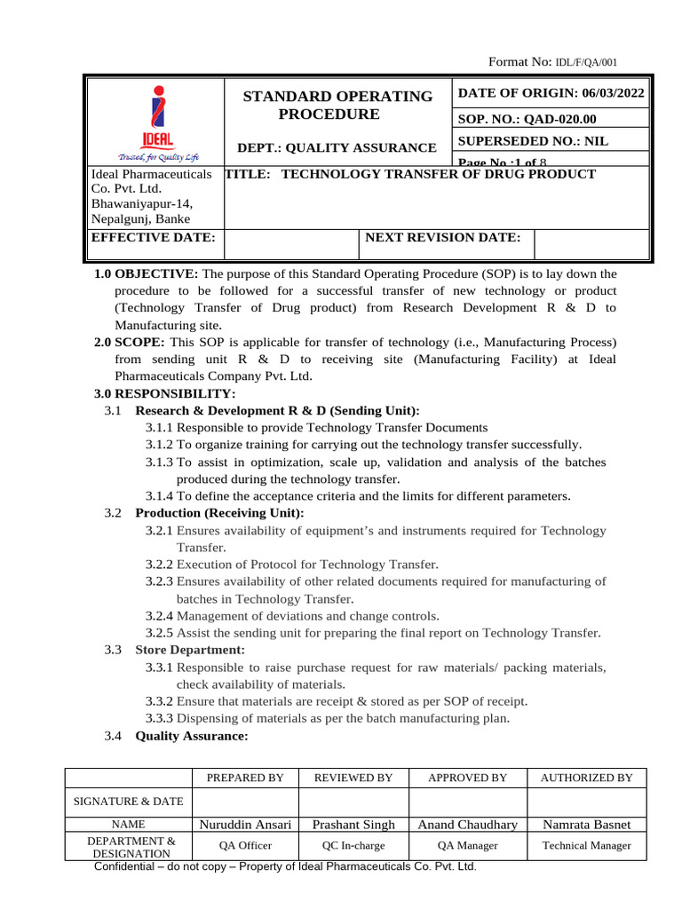 Technology Transfer SOP | PDF | Quality Assurance | Specification ...