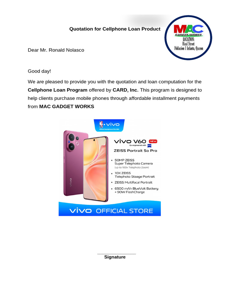 Quotation For Cellphone Loan Product | PDF