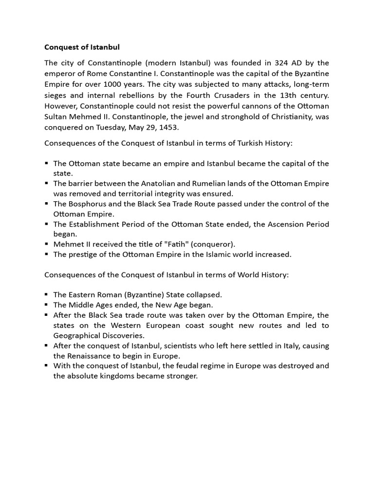 Impact of Istanbul's Conquest in 1453 | PDF