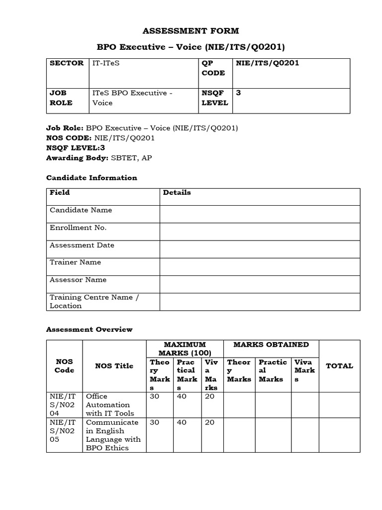 Assessment Form For The Job Role BPO Executive - Voice | PDF ...