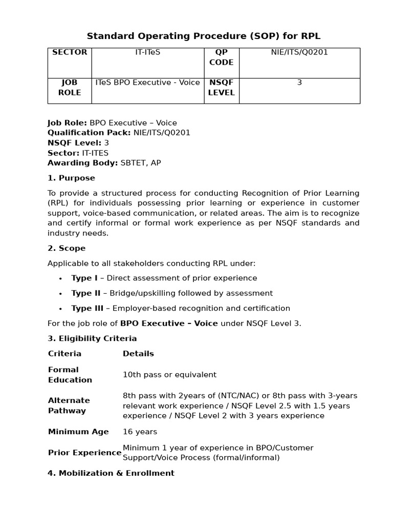RPL SOP for BPO Executive - Voice | PDF