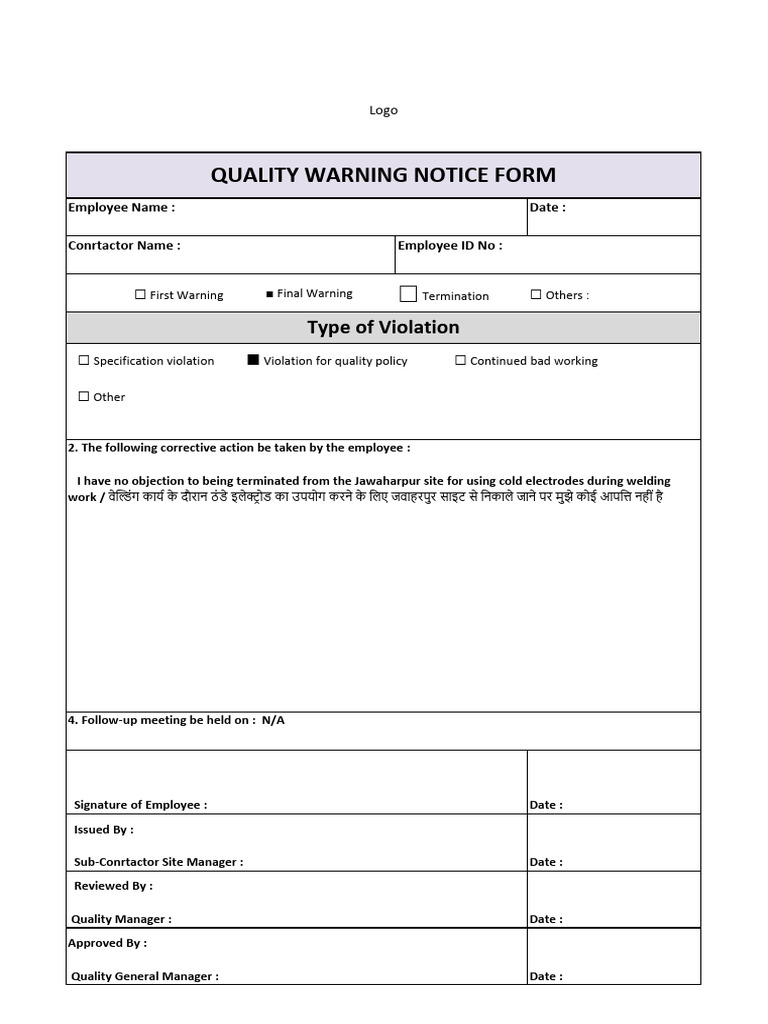 Quality Warning Notice Form (Cold Electrode Use) | PDF