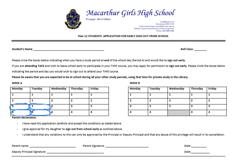 Yr 12 Early Leave Form | PDF
