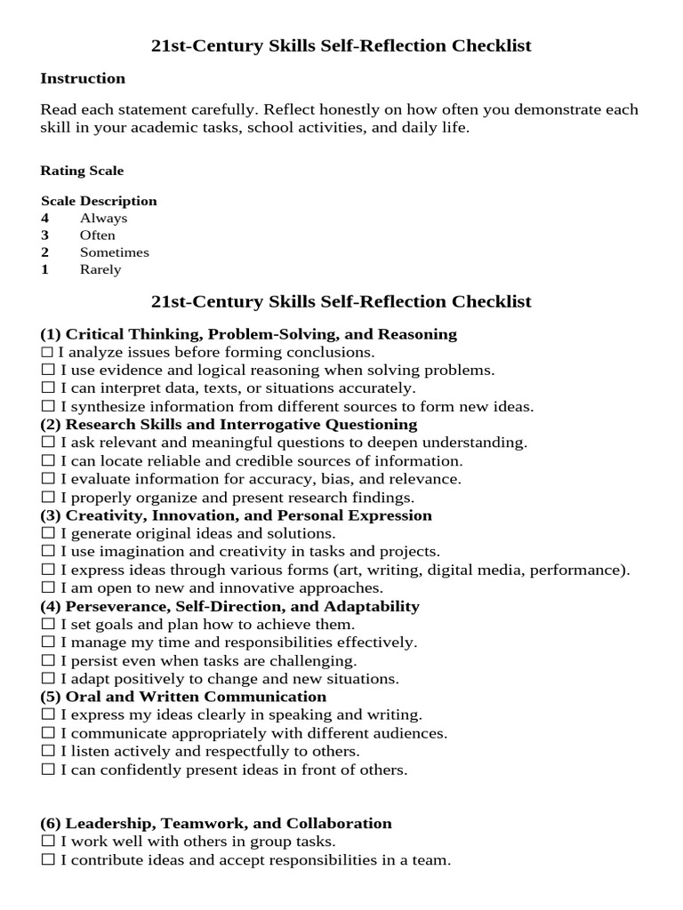 Self Reflection Checklists | PDF | Conservation Biology | Behavioural ...