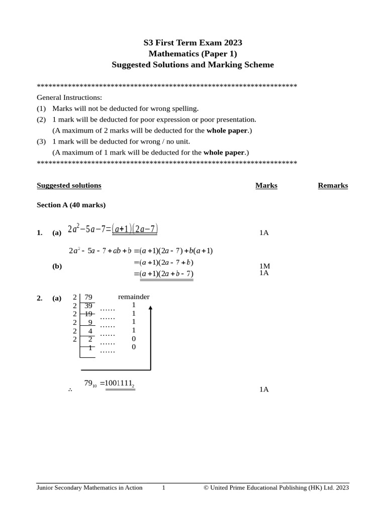 3A First Term Exam PaperI 2023 E Marking | PDF | Classical Geometry ...