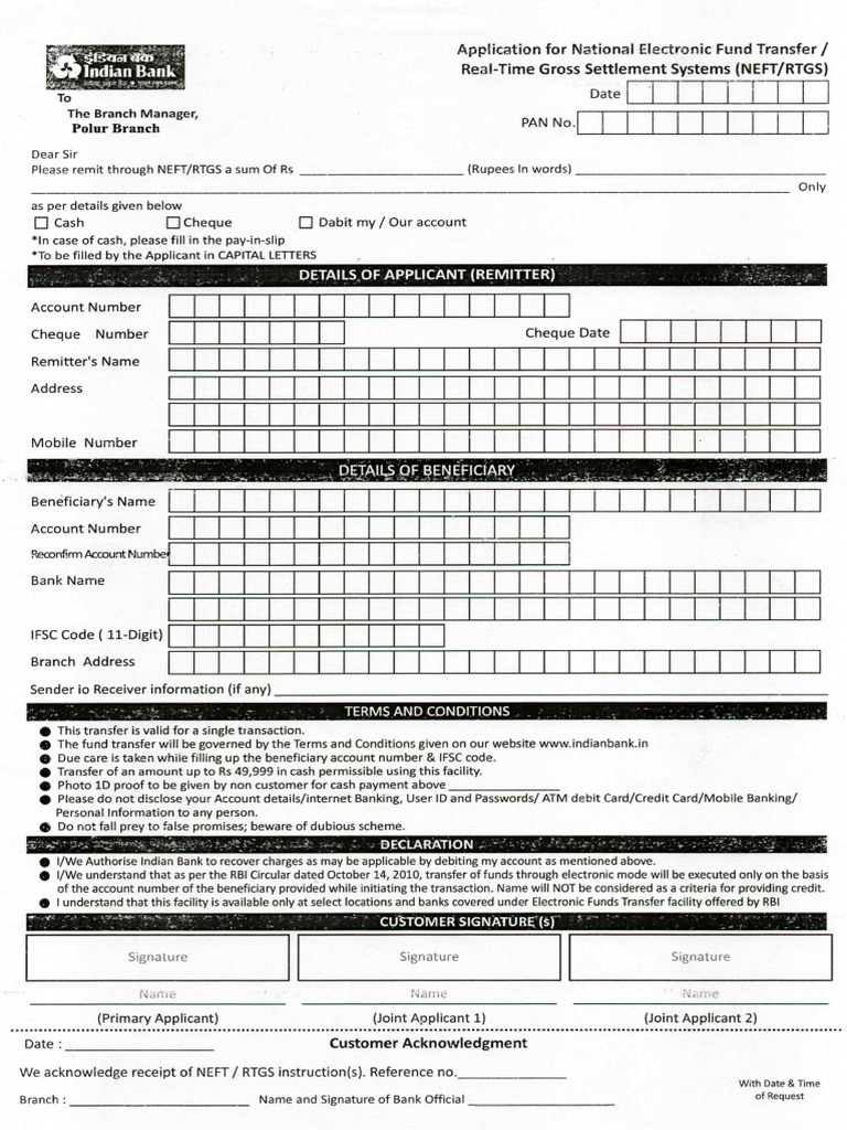 NEFT Form Indian Bank | PDF