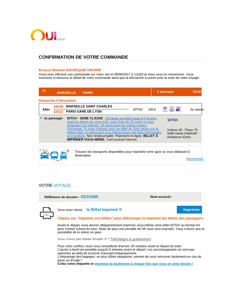 Confirmation de commande iDTGV Marseille-Paris | PDF | Transport public