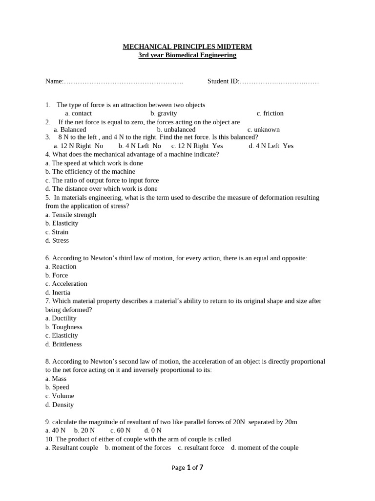Biomedical Engineering Mechanical Principles Exam | PDF | Force ...