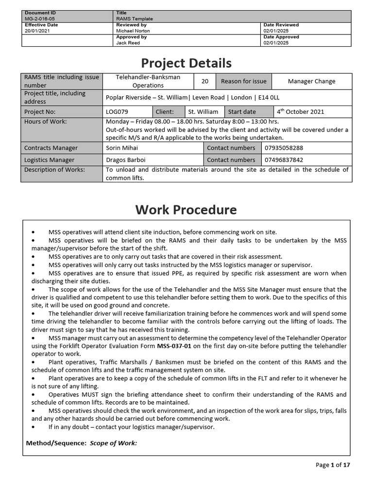 Telehandler-Banksman RAMS Template | PDF | Risk | Risk Assessment