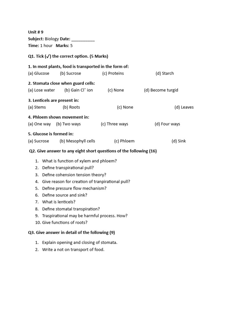 Biology Unit 9: Plant Transport Systems | PDF