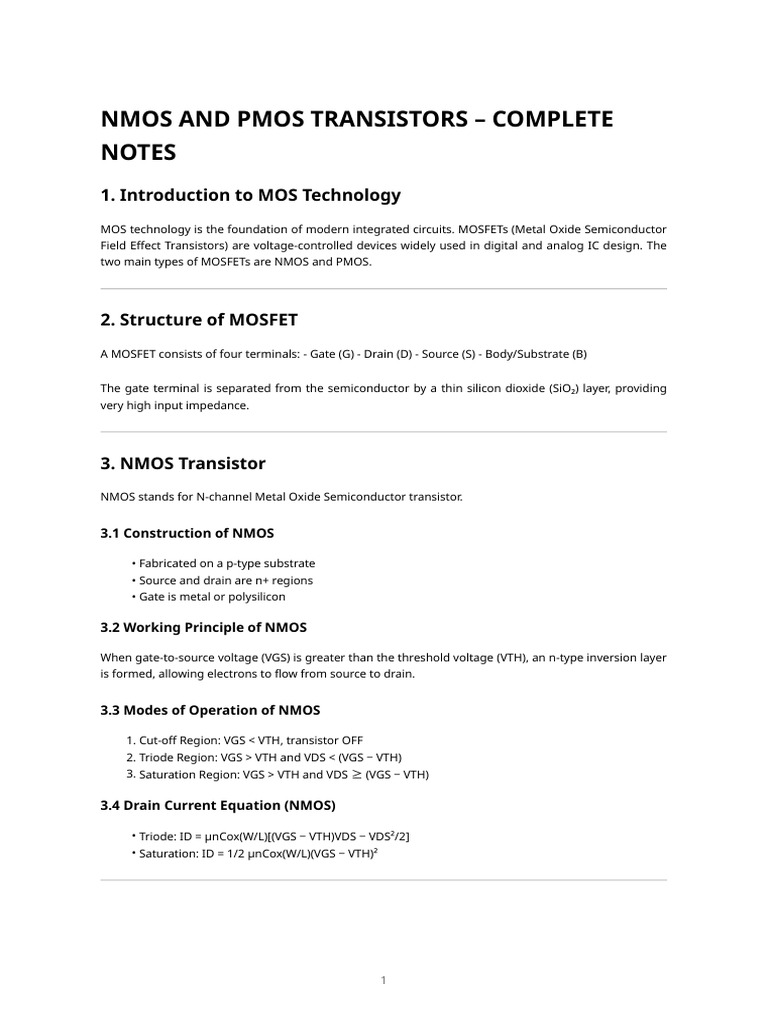 NMOS and PMOS Transistors Overview | PDF | Mosfet | Field Effect Transistor