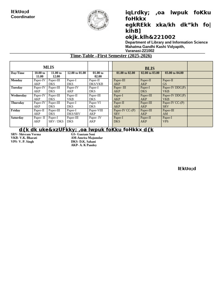 MLIS BLIS First Semester Time-Table 2025-26 | PDF