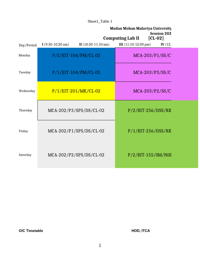 MCA Computing Lab Timetable 2025-26 | PDF