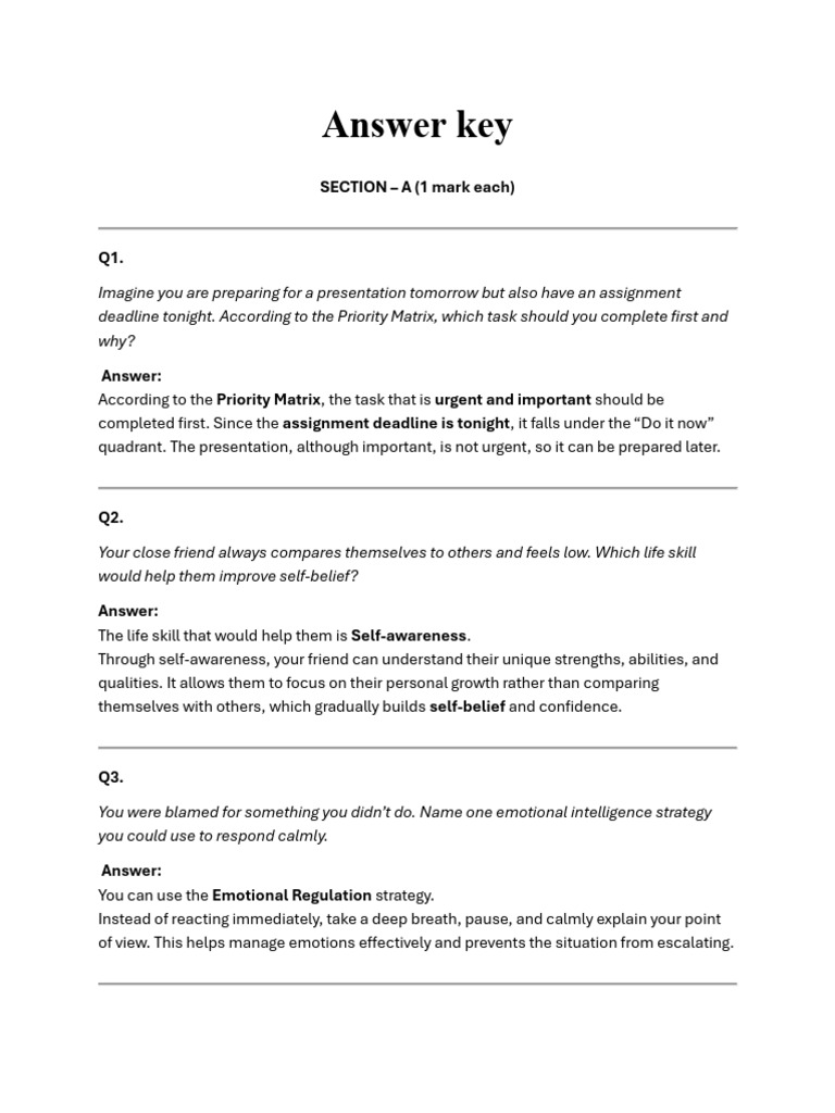 Answer Key | PDF | Emotional Intelligence | Goal