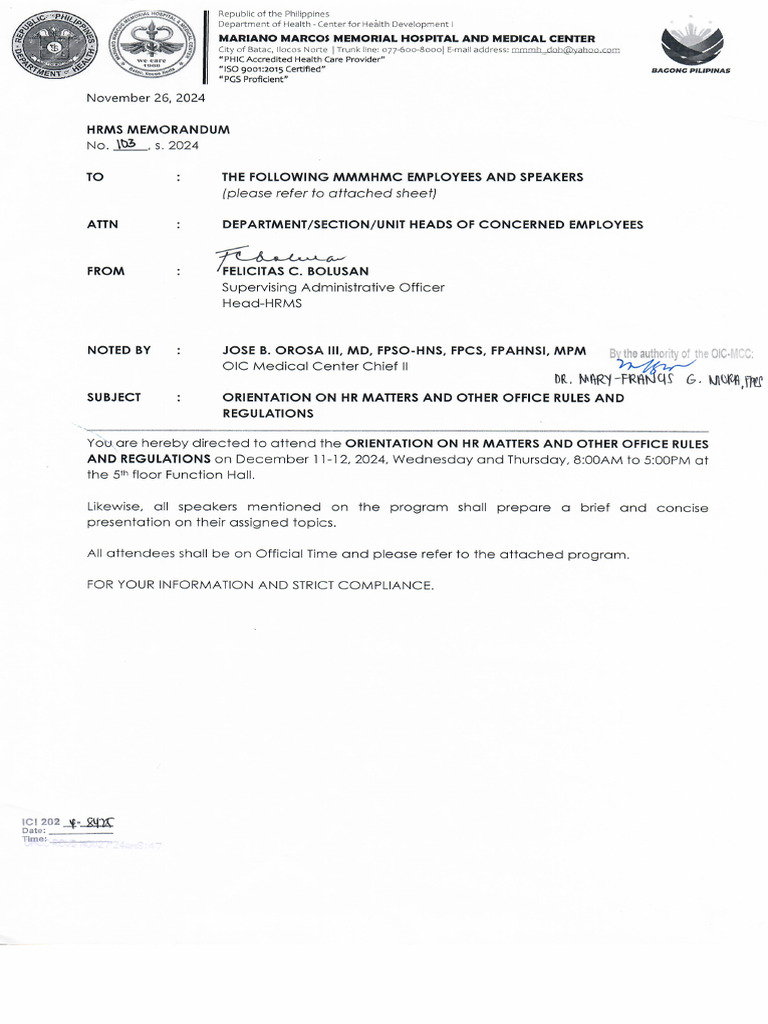 Hrms Memorandum No. 103 S. 2024 Orientation On HR Matters and Other ...