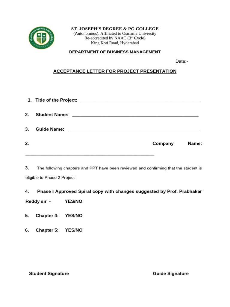 Acceptance Letter For Phase II Project Presentations - Format | PDF