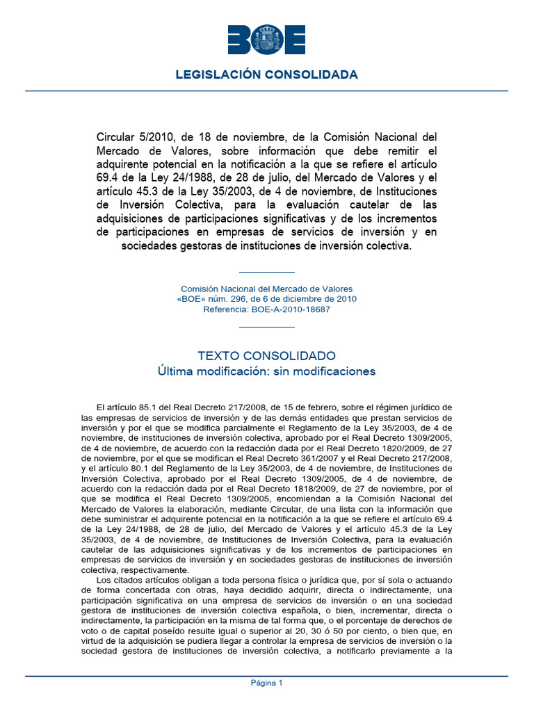 BOE A 2010 18687 Consolidado | PDF | Inversiones | Compartir (Finanzas)