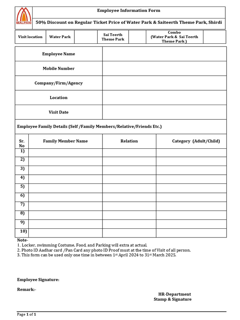 Shirdi Park 50% Discount Form | PDF