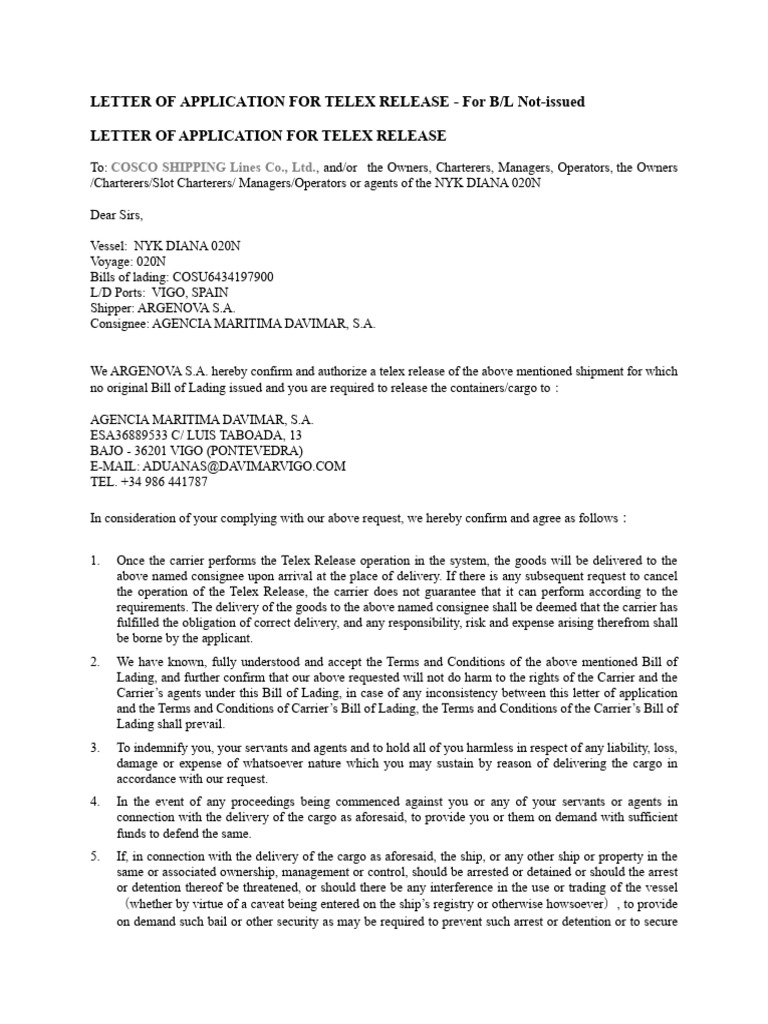Carta Telex Cosco - Cosu6434197900 | PDF | Bill Of Lading | Cargo