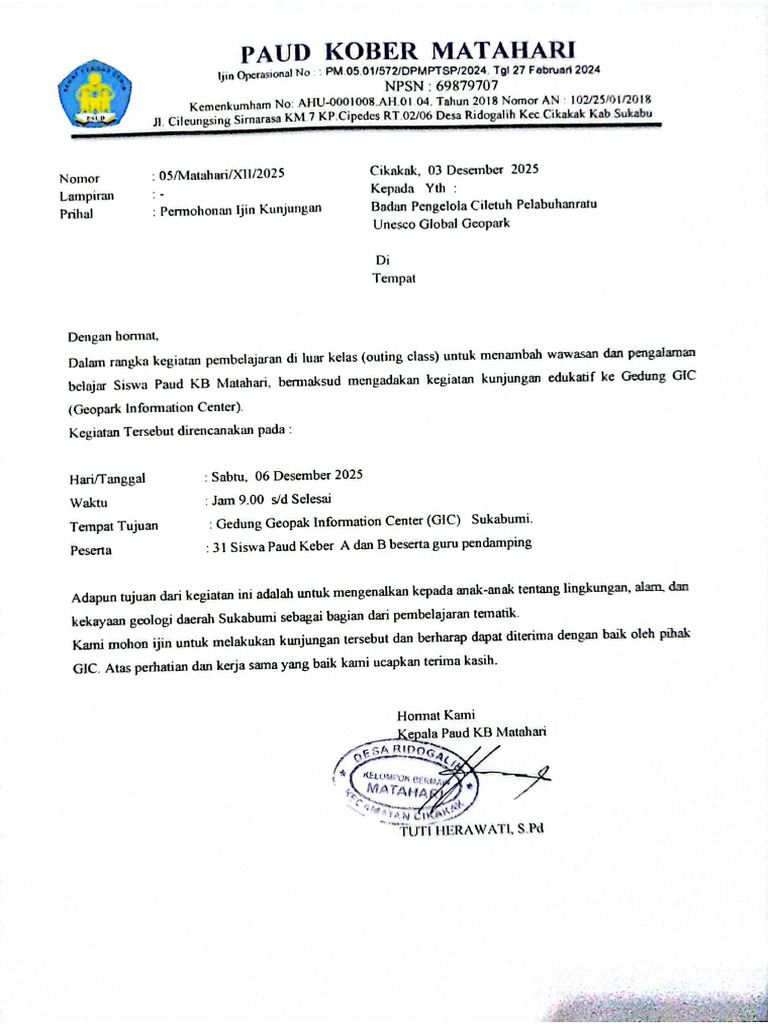 Surat Izin Paud KB Matahari | PDF