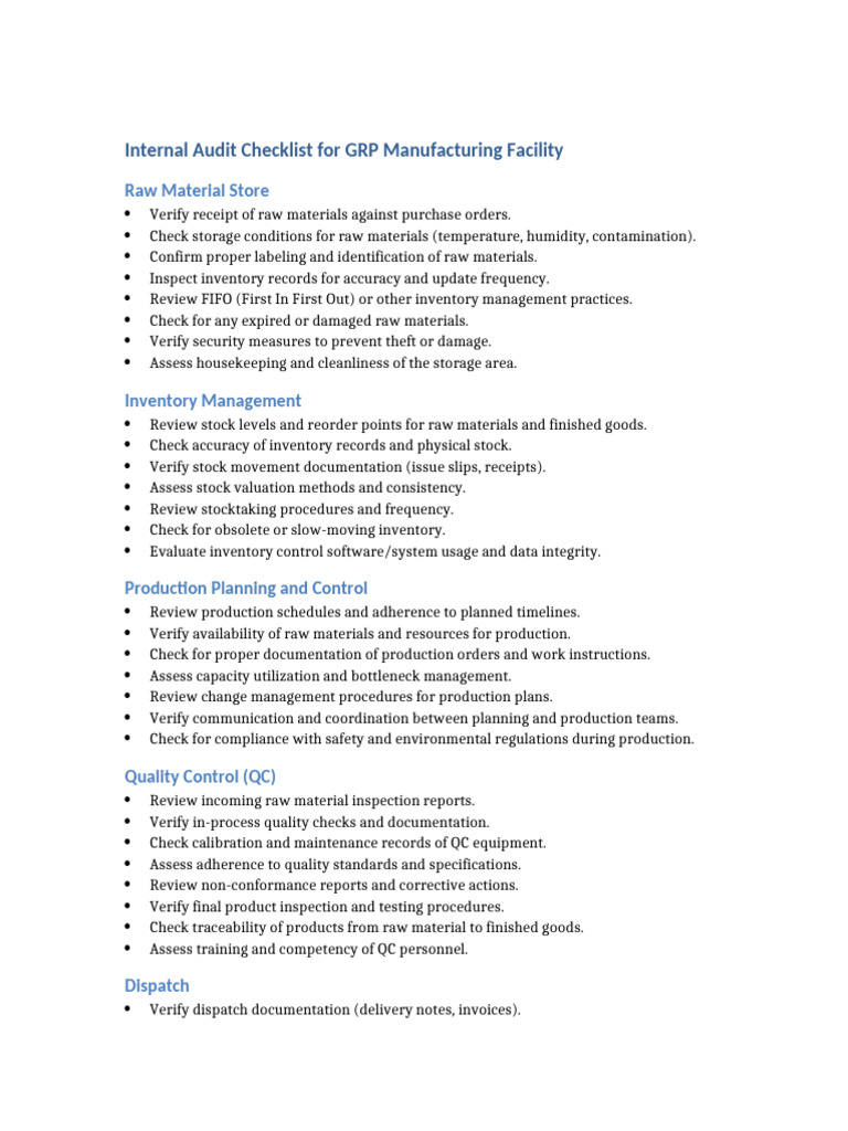 GRP Manufacturing Internal Audit Checklist | PDF | Inventory | Audit