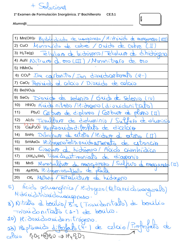 1 - Examen de Formulacio-N Inorga-Nica y Soluciones | PDF