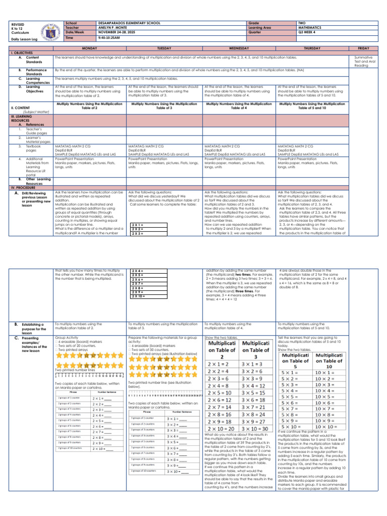 DLL Q3 Week 4 Math | PDF | Multiplication | Mathematics