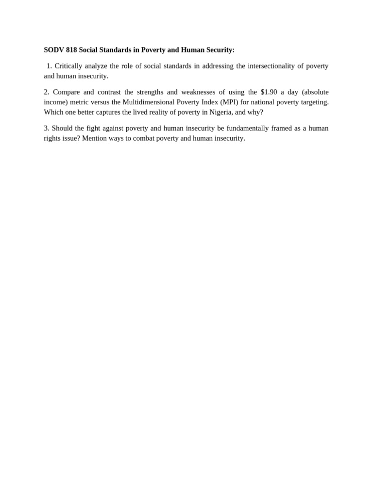 SODV 818 Social Standards in Poverty and Human Security Assignment | PDF