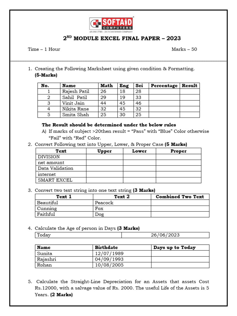 2 Module Excel Practice Paper | PDF