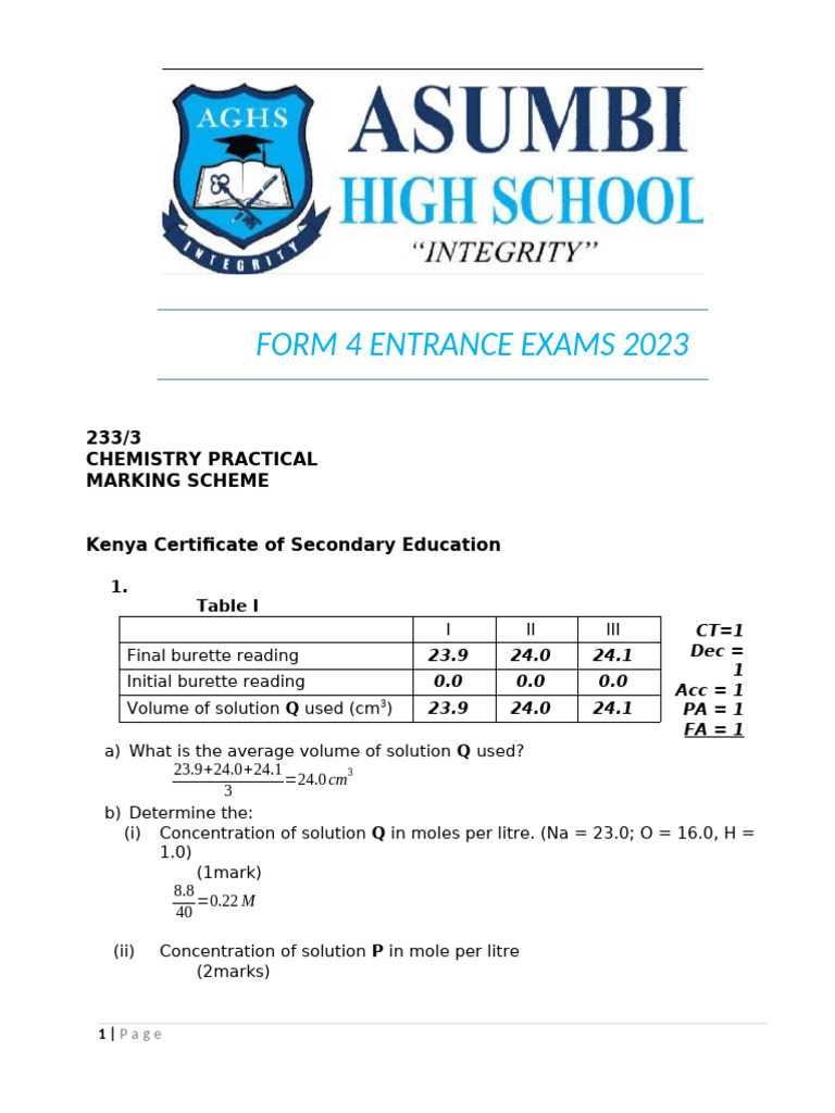 Chemistry Paper 3 Marking Schemes | PDF | Alkene | Acid