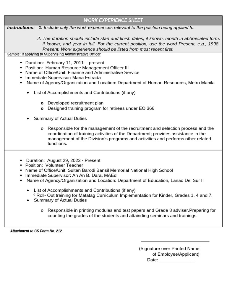 Work Experience Sheet Template | PDF