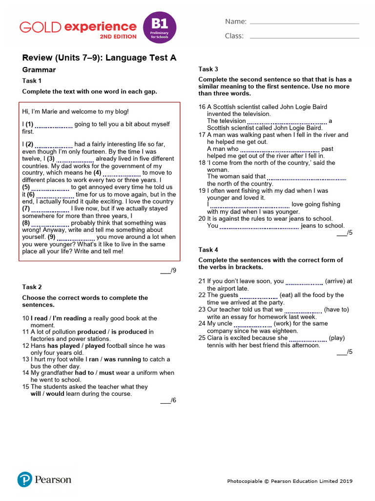 Language Test A: Grammar & Vocabulary | PDF