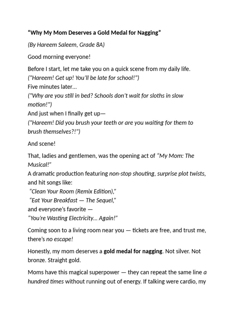 Why My Mom Deserves A Gold Medal For Nagging-Hareem Ki Speech | PDF