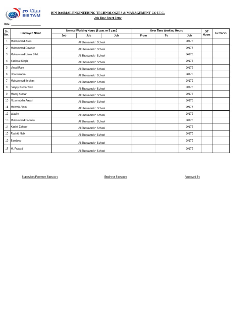 Daily Time Sheet Format &P | PDF