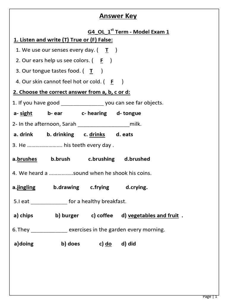 Answer Key - Grade 4 - OL - English - 1st Term - Model Exams (1-3) | PDF