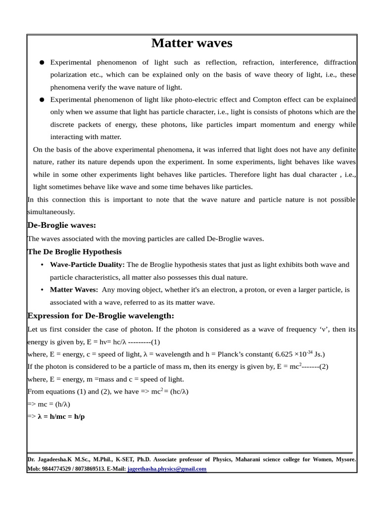 Matter waves-MSCW - 2025-26 | PDF | Waves | Electron