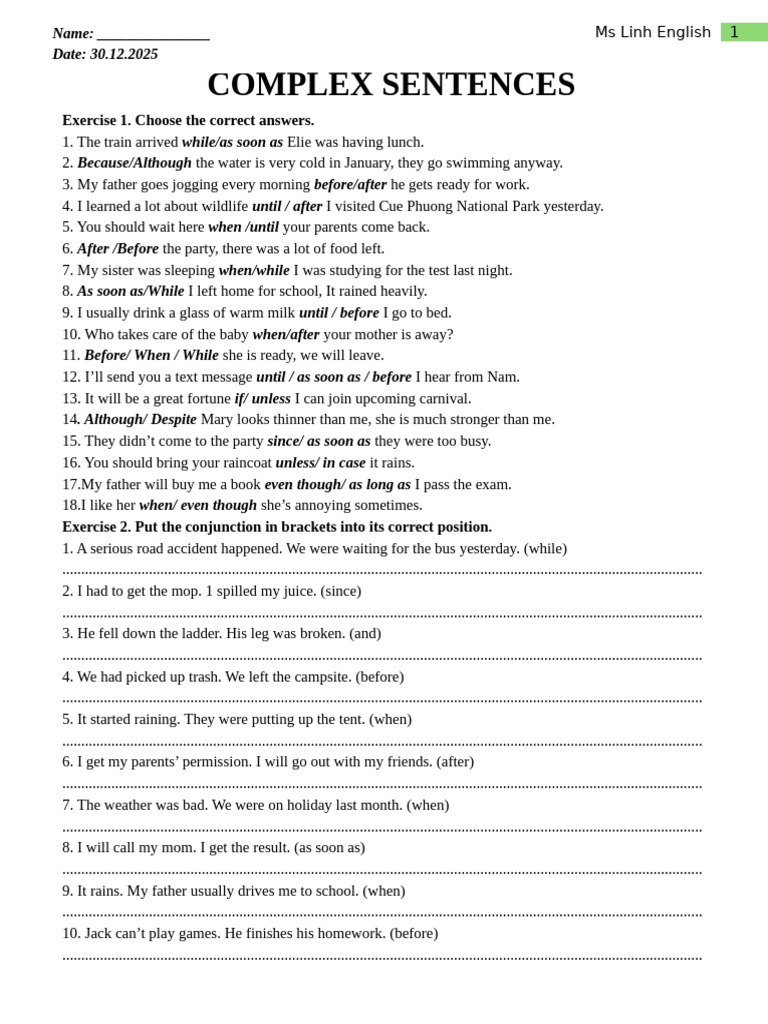 Complex Sentences Practice Exercises | PDF