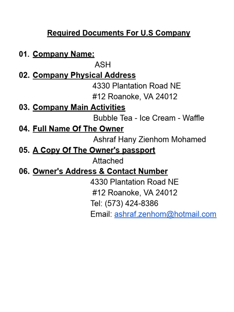Required Documents For U.S Company | PDF