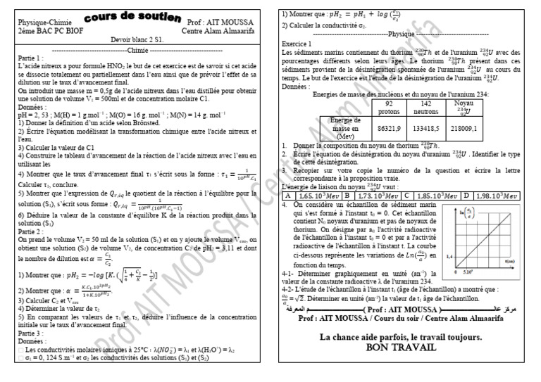 Devoir blanc 2 : Acide nitreux et désintégration | PDF | Noyau atomique ...