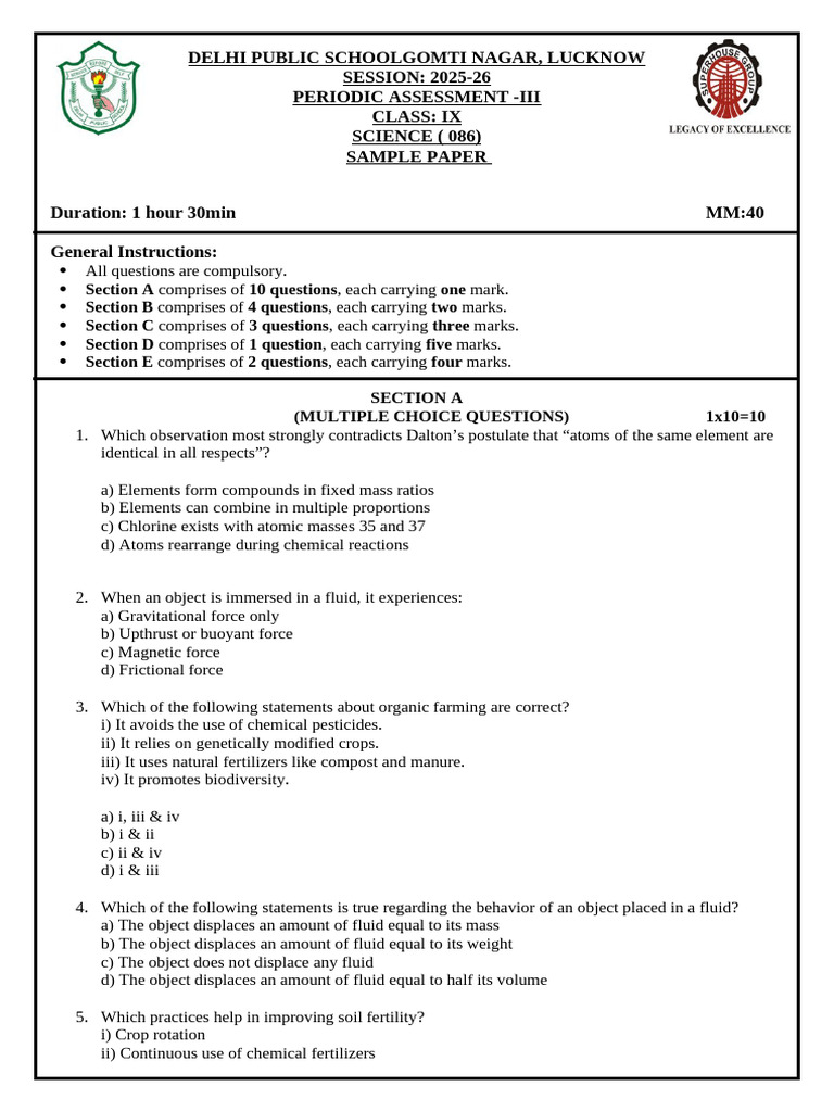 Class IX Science Sample Paper 2025-26 | PDF | Chloride | Magnesium