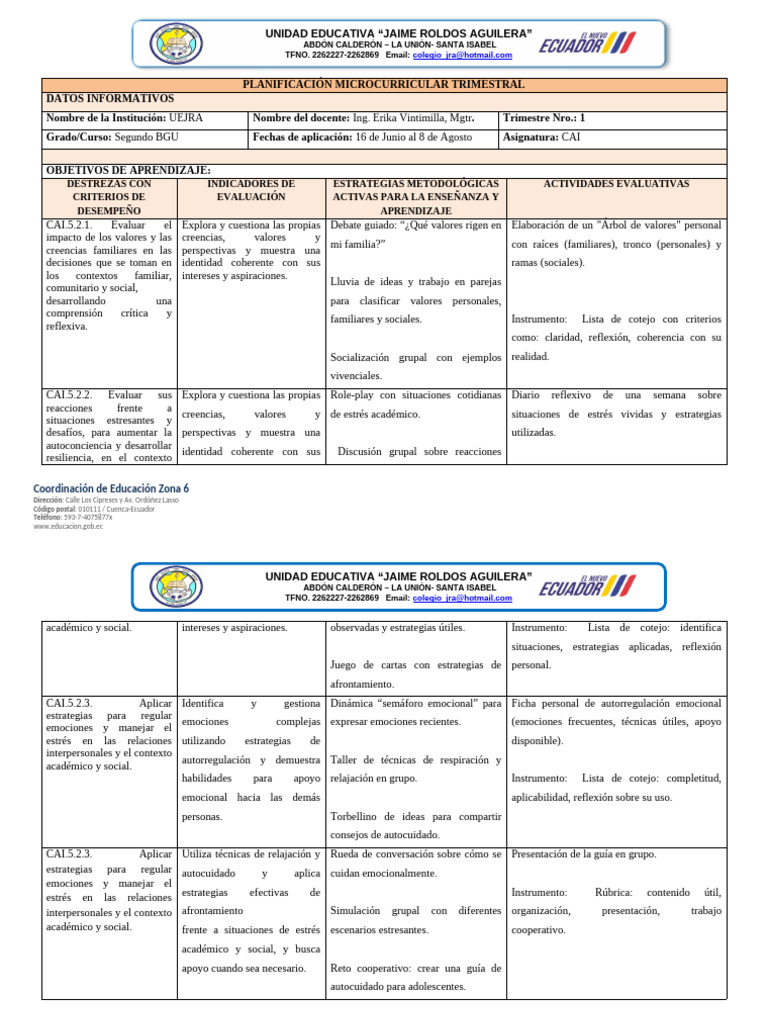Planificación Educativa CAI Segundo BGU | PDF | Autorregulación ...