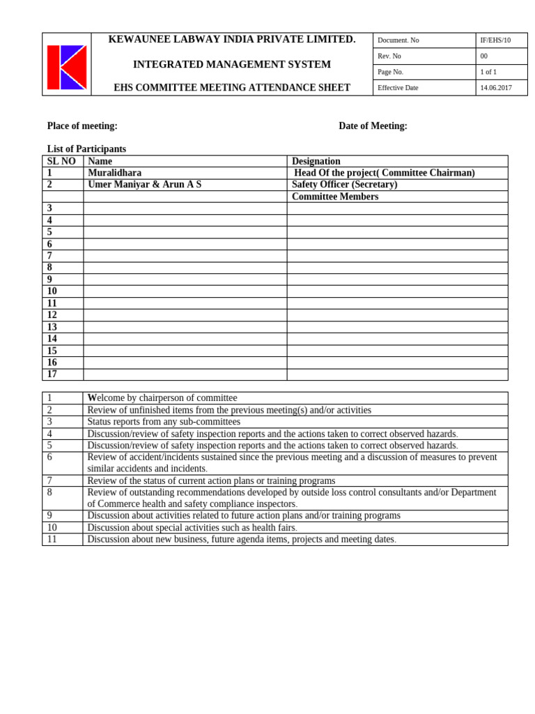If-EHS-10-EHS Committee Meeting Attendance Sheet | PDF