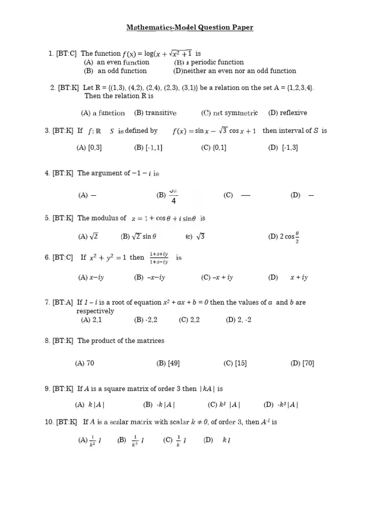 Mathematics Model Question Paper | PDF | Function (Mathematics ...