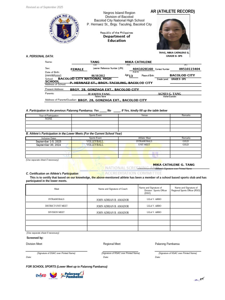 Athlete Record for Palarong Pambansa | PDF