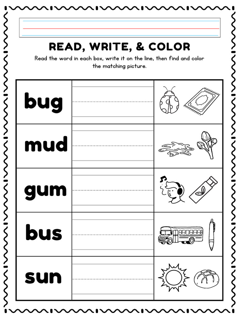 Literacy Short U (CVC) Read, Write, and Color Worksheet Black and White ...