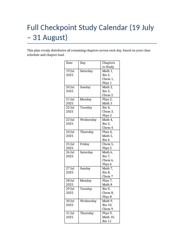 Full Checkpoint Study Calendar | PDF