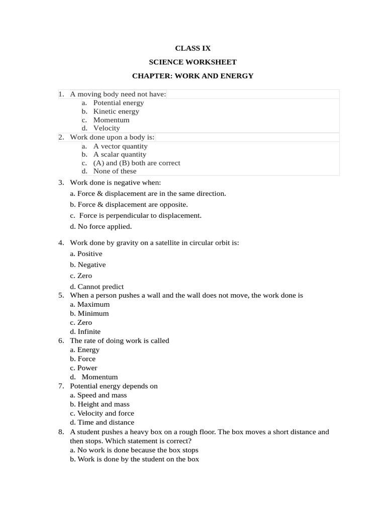 Class IX Science: Work and Energy Worksheet | PDF | Kinetic Energy | Force