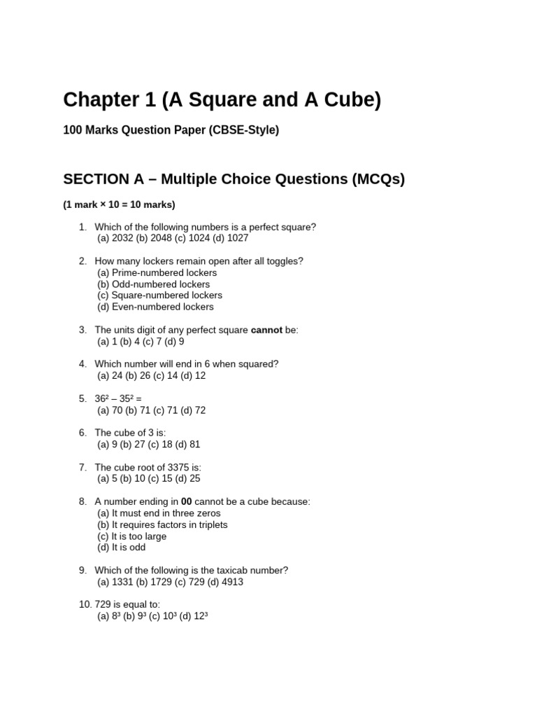 CBSE Perfect Squares and Cubes Quiz | PDF | Factorization | Numbers