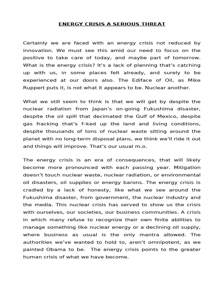 Energy Crisis A Serious Threat | PDF | Renewable Energy | Energy ...