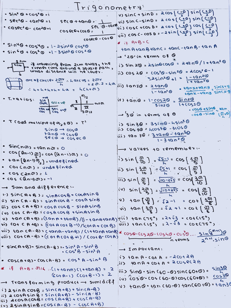 Trigonometry Short Notes | PDF